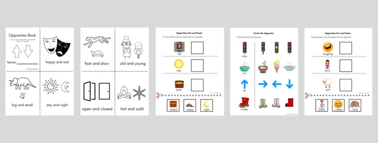 Printable Opposites Workbook, 12 Free Worksheets